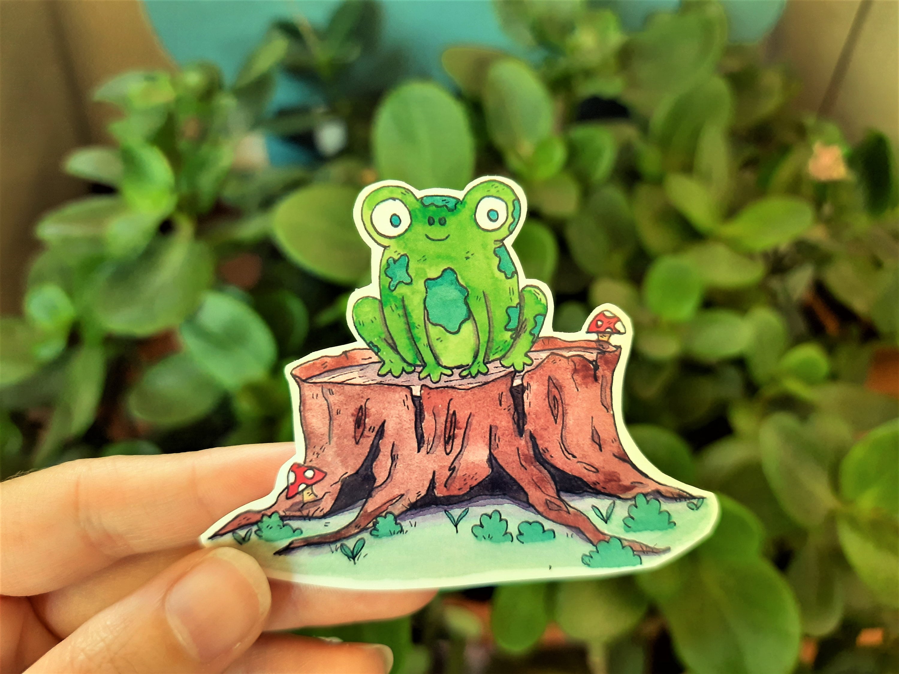 Green frog on a tree stump sticker dreamy vibes witch vibes | Etsy