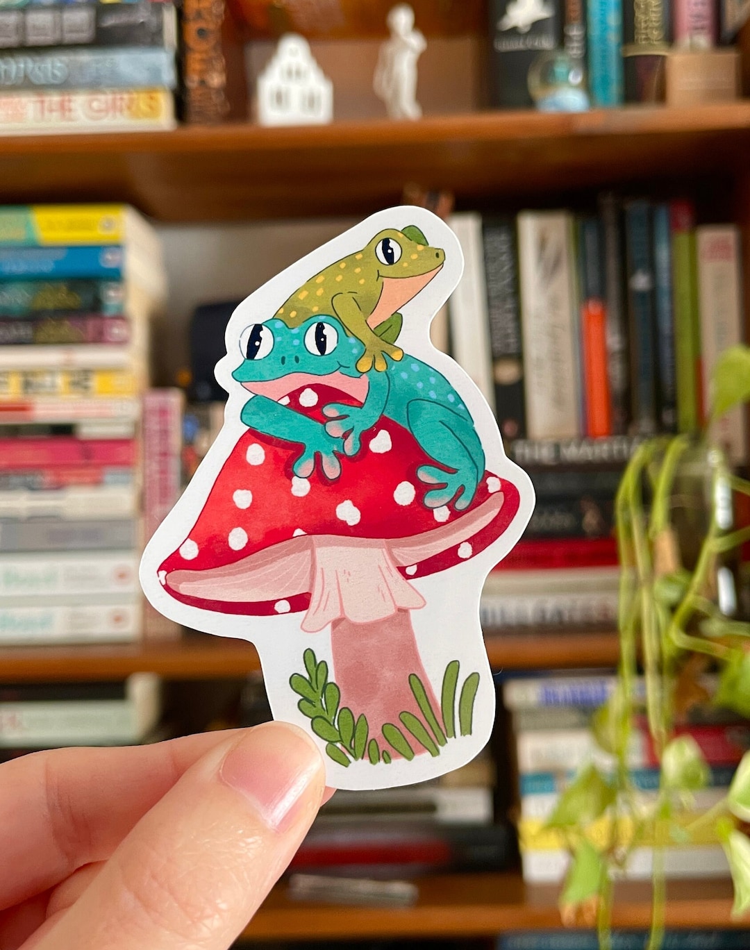 Frog Toad on a Mushroom Glossy Vinyl Sticker Handmade Two Frogs Toad ...