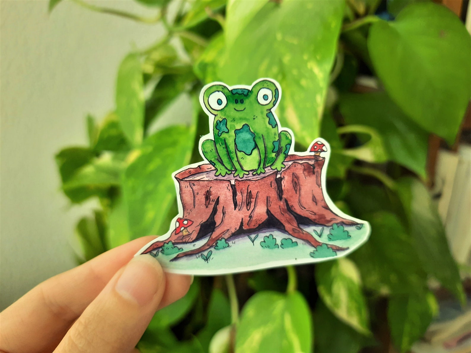 Green frog on a tree stump sticker dreamy vibes witch vibes | Etsy