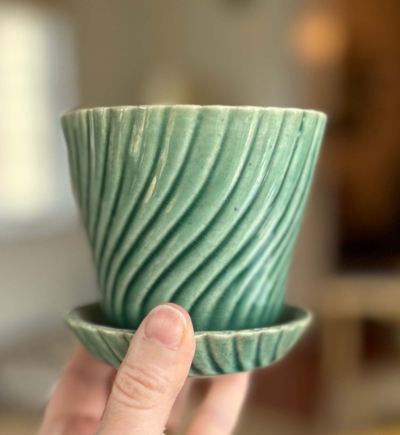 Vintage Green Brush Pottery Swirled Flower Pot AND Rosemary + Sage ...