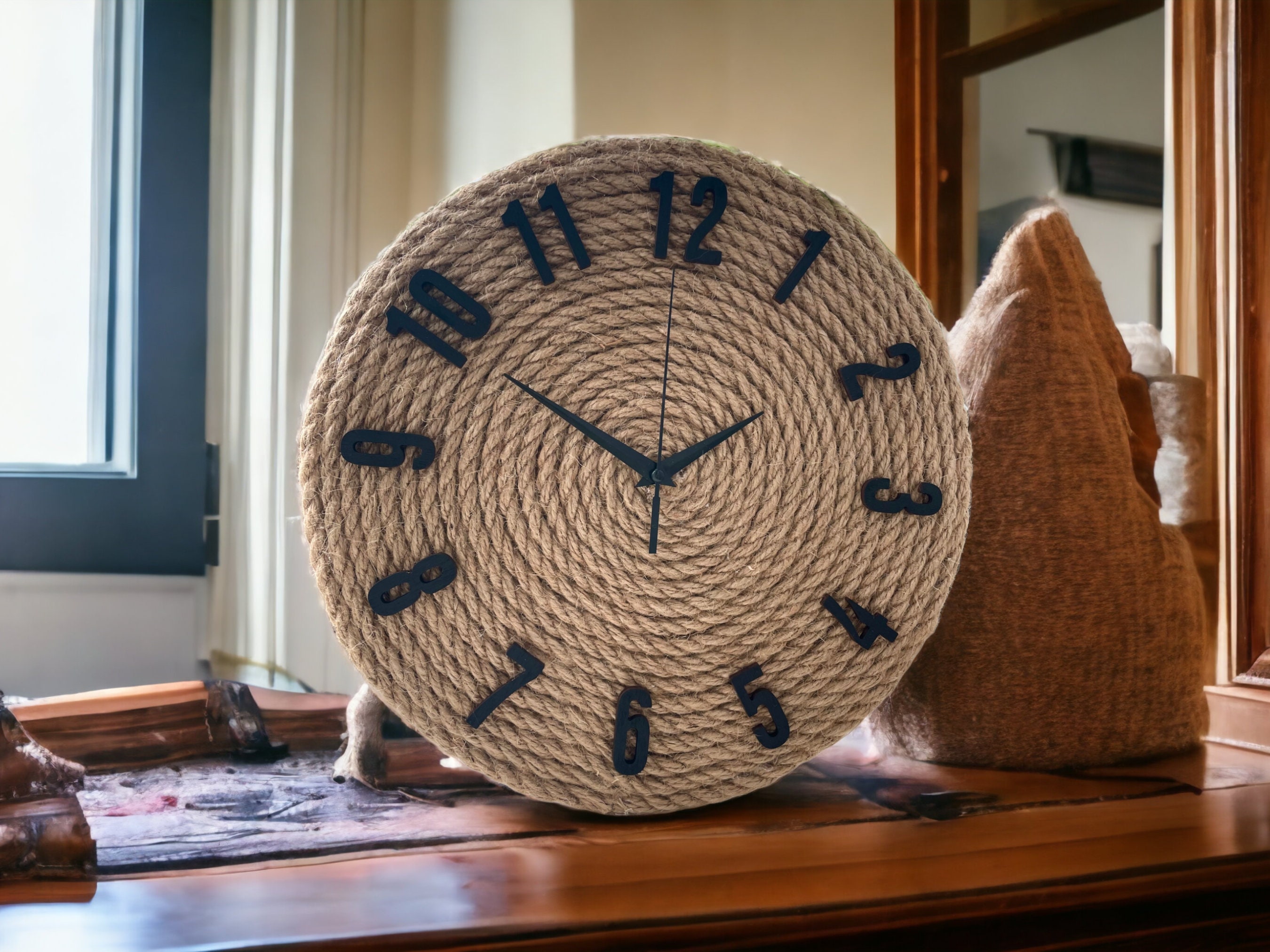 Rustic Wooden Wall Clock - Handcrafted With 8mm Jute Rope & Silent ...