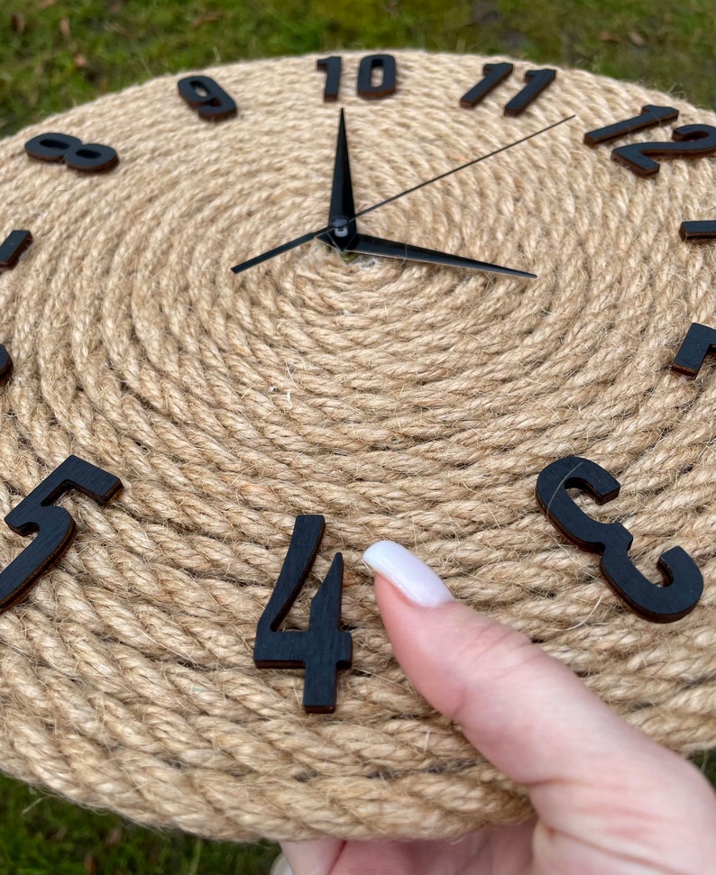 Rustic Wooden Wall Clock Handcrafted With 8mm Jute Rope & Silent ...