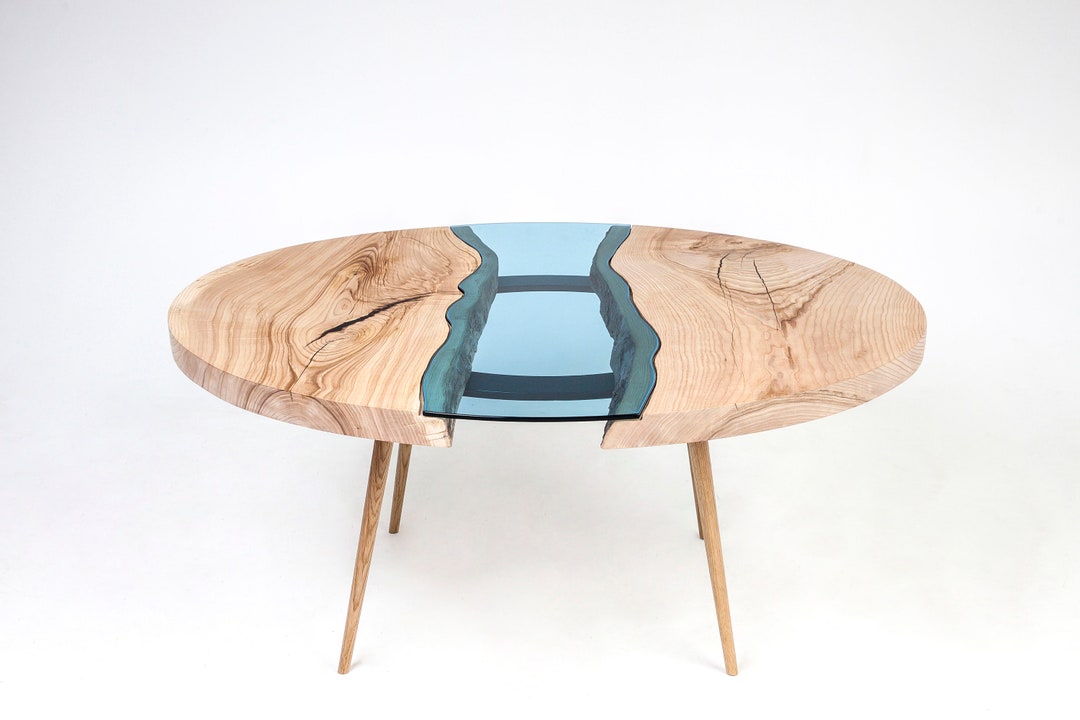 Live Edge Round Coffee Table, Glass River Table, Oak Coffee Table - Etsy