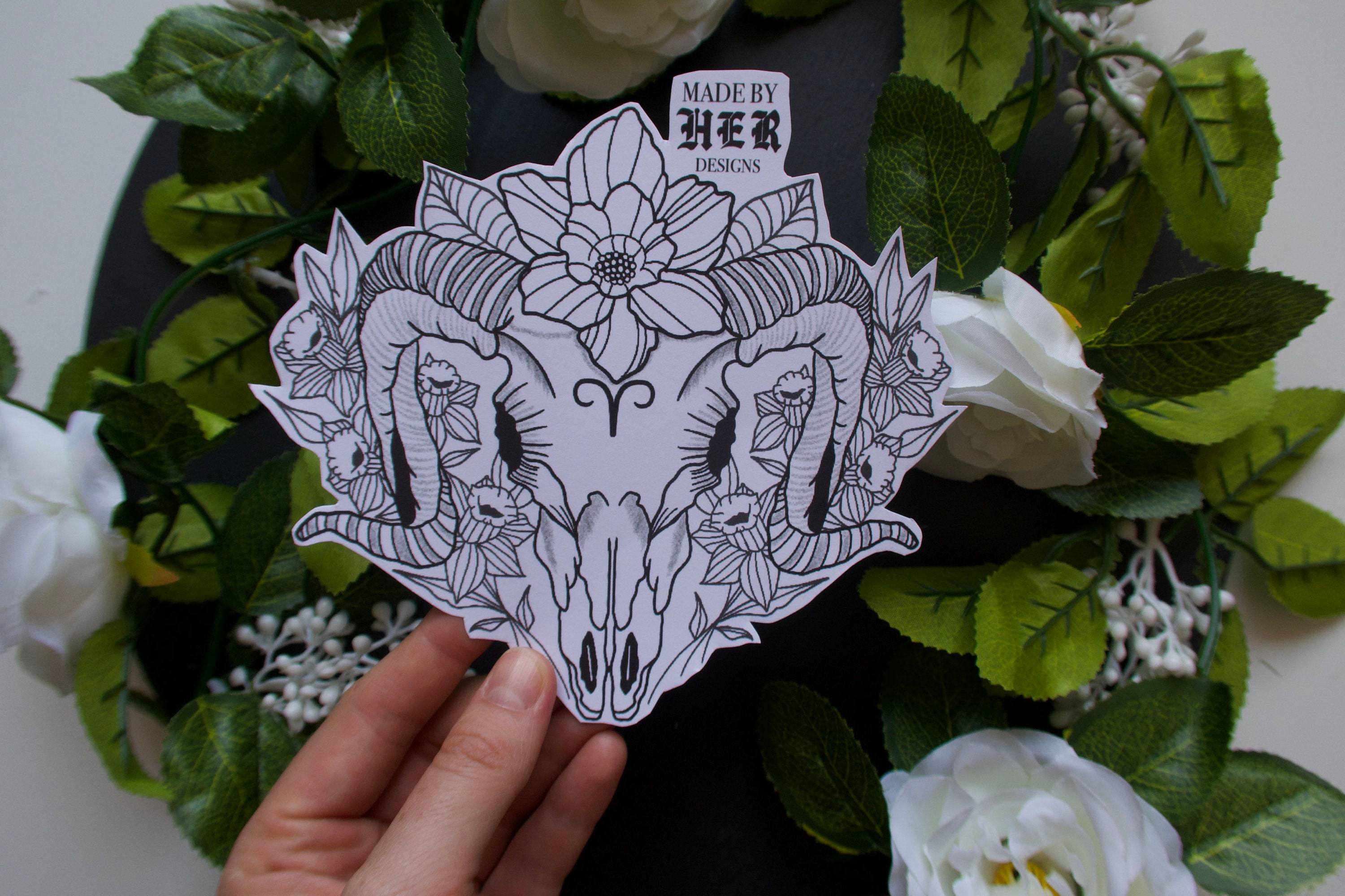 Ram Skull Flower Tattoo