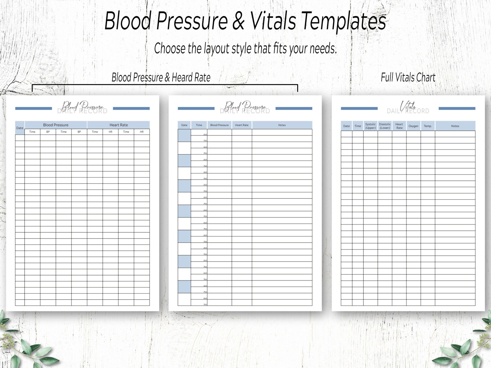 Vitals Log / Printable Vitals Chart / Blood Pressure Log / 3 Layout ...