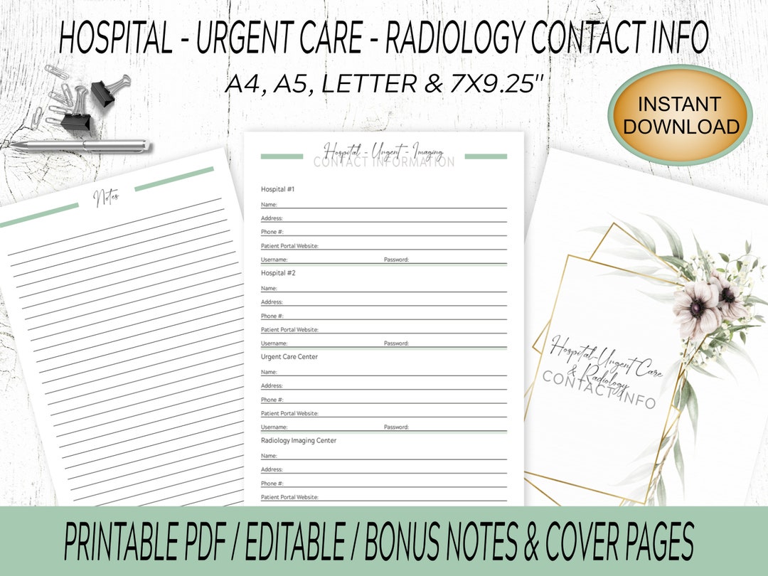 Medical Contact List: Hospital, Urgent Care, Radiology (printable PDF ...