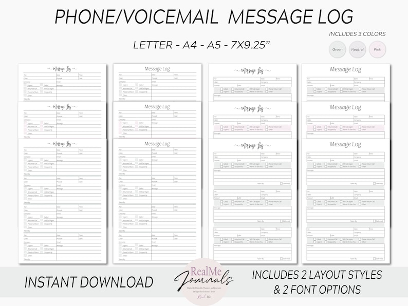 Printable Phone Message Log: Missed Call & Voicemail Template (digital ...