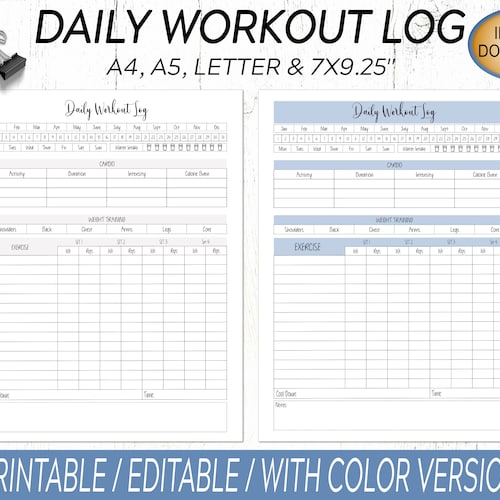 Daily Workout Log Fitness Journal PDF Printable Exercise - Etsy