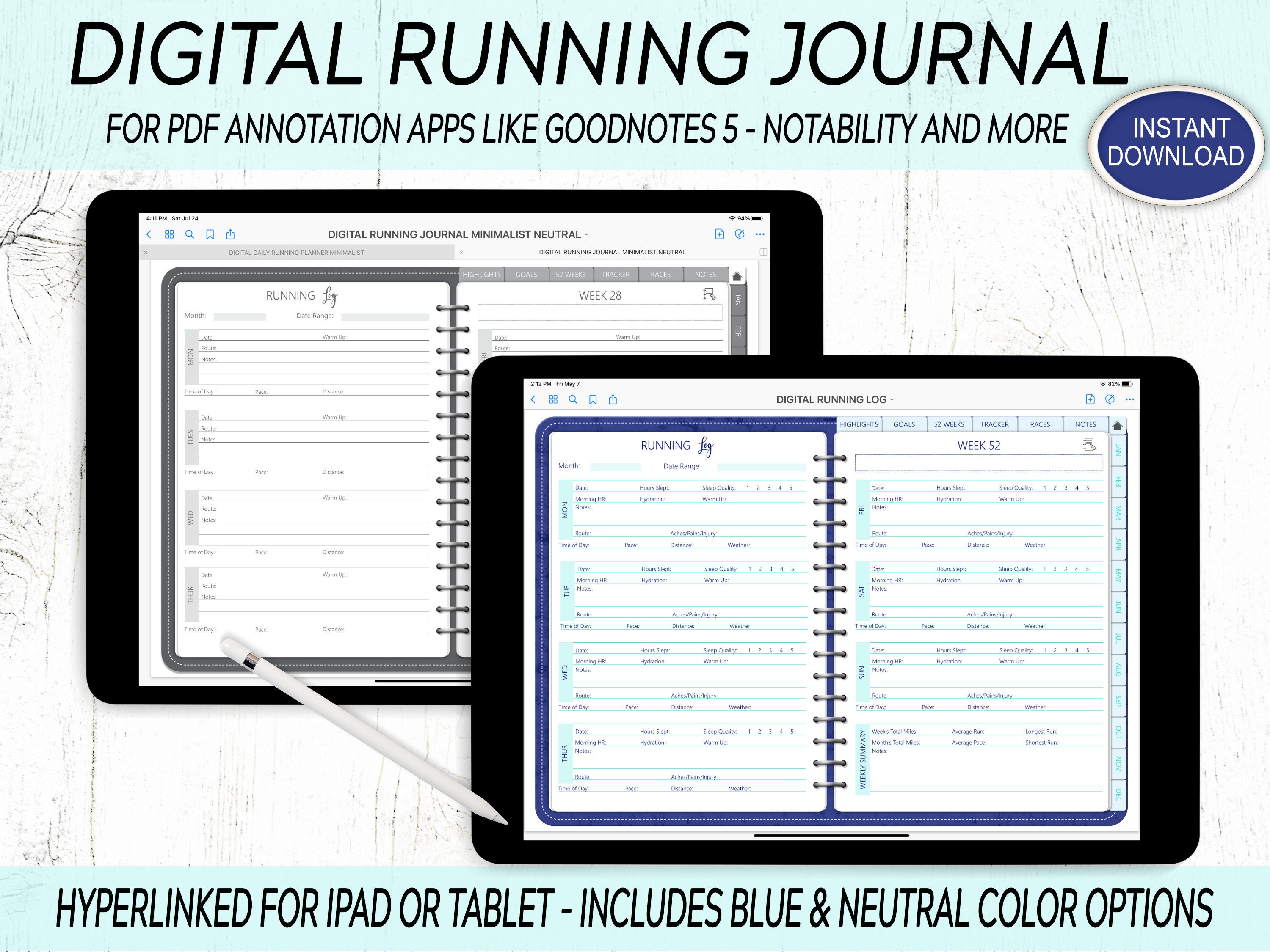 Digital Running Log / 365 Day Running Journal / Marathon Training ...