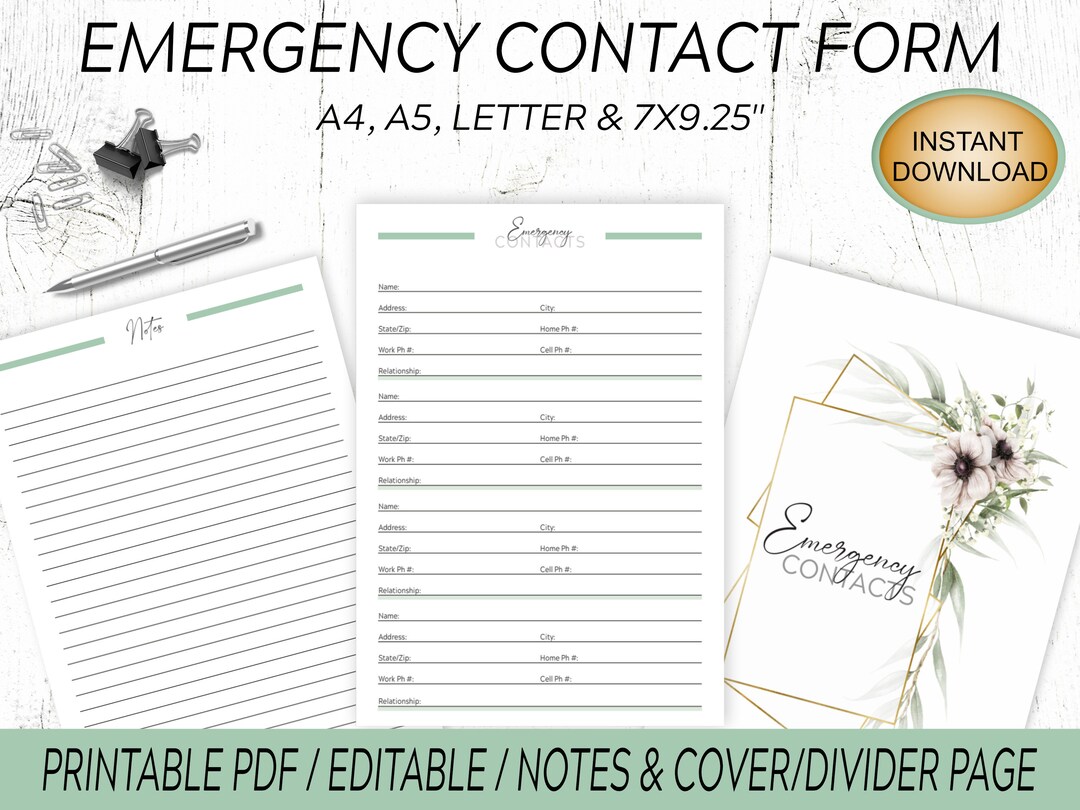 Emergency Contact Form / Emergency Contact Sheet / Printable Emergency ...