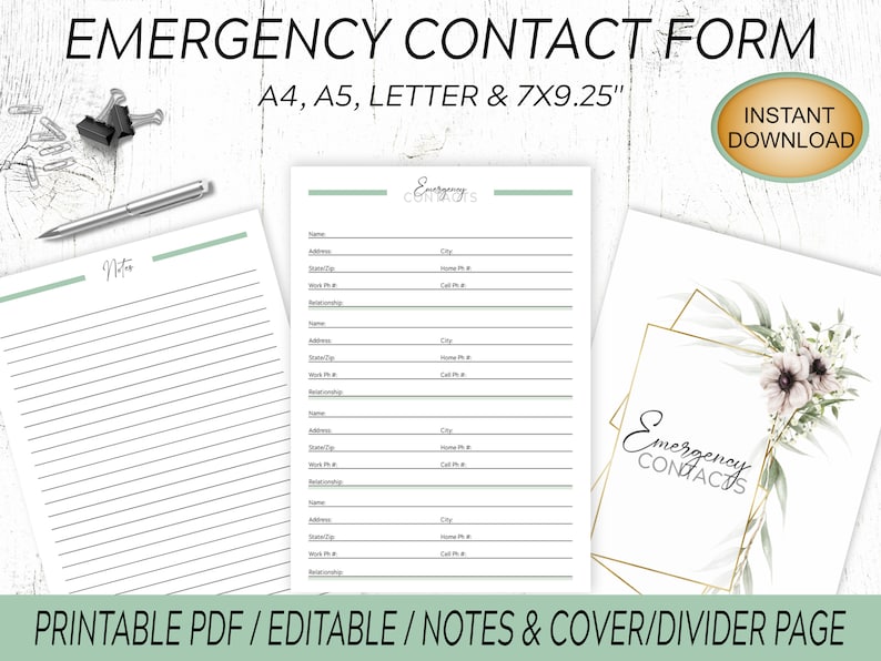 Emergency Contact Form Printable: Information List, Notes, Cover (PDF ...