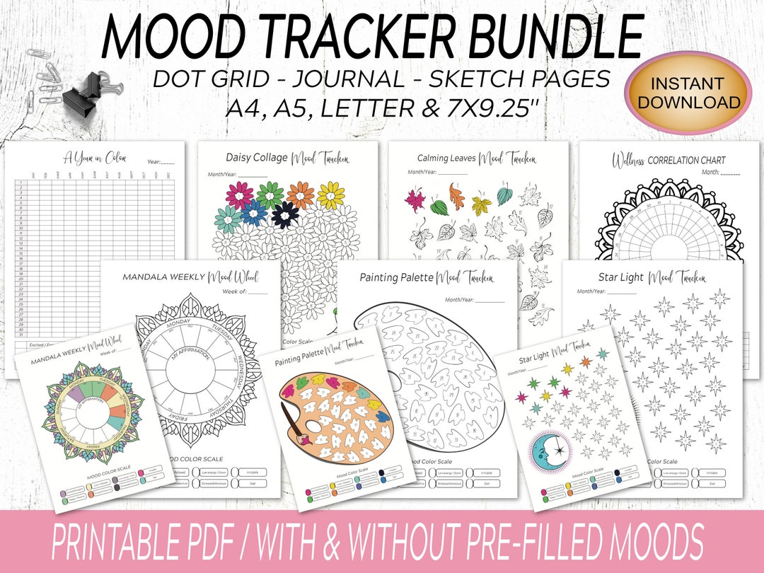 Mood Tracker Bundle / 7 Digital Mood Tracker Printable Inserts / Mood ...