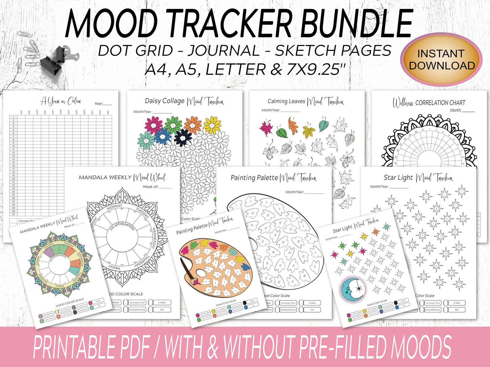 Mood Tracker Bundle / 7 Digital Mood Tracker Printable Inserts / Mood ...