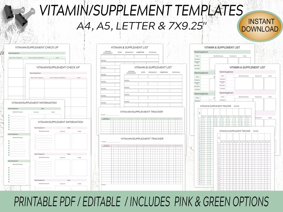 Vitamin Tracker Bundle: Supplement List, Check-up (printable PDF) - Etsy