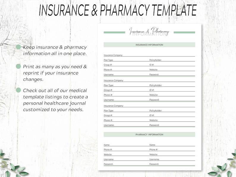 Insurance Printable / Insurance Information Tracker / Pharmacy ...