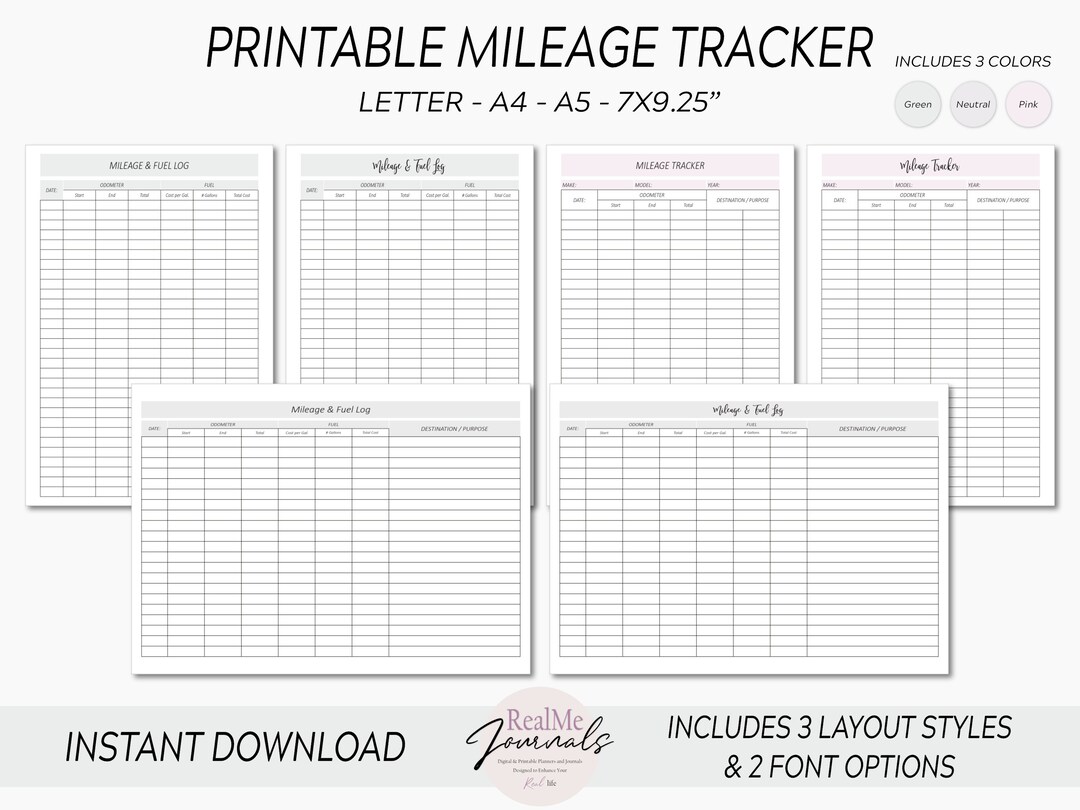 Printable Mileage Tracker Template: Fuel Log, 3 Colors (digital ...