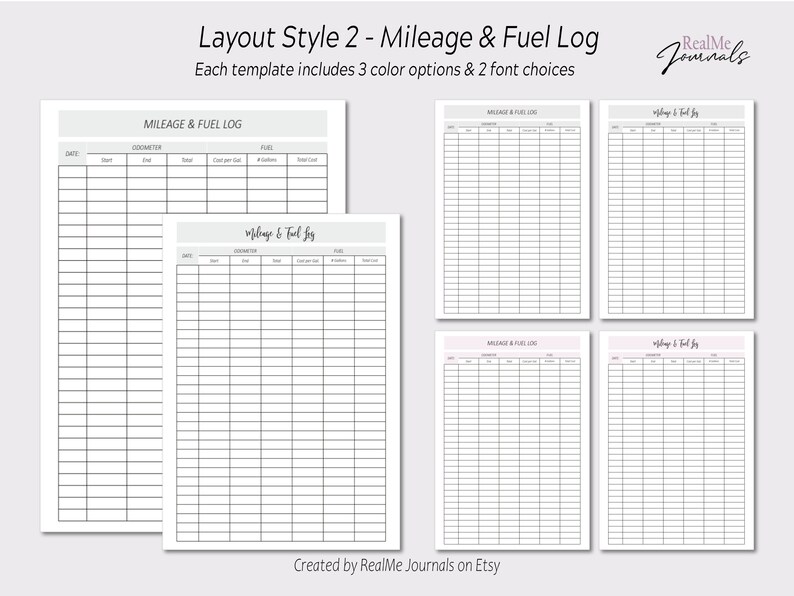 Printable Mileage Tracker Template: Fuel Log, 3 Colors (digital ...