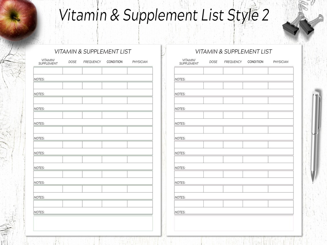 Vitamin Tracker Bundle: Supplement List, Check-up (printable PDF) - Etsy