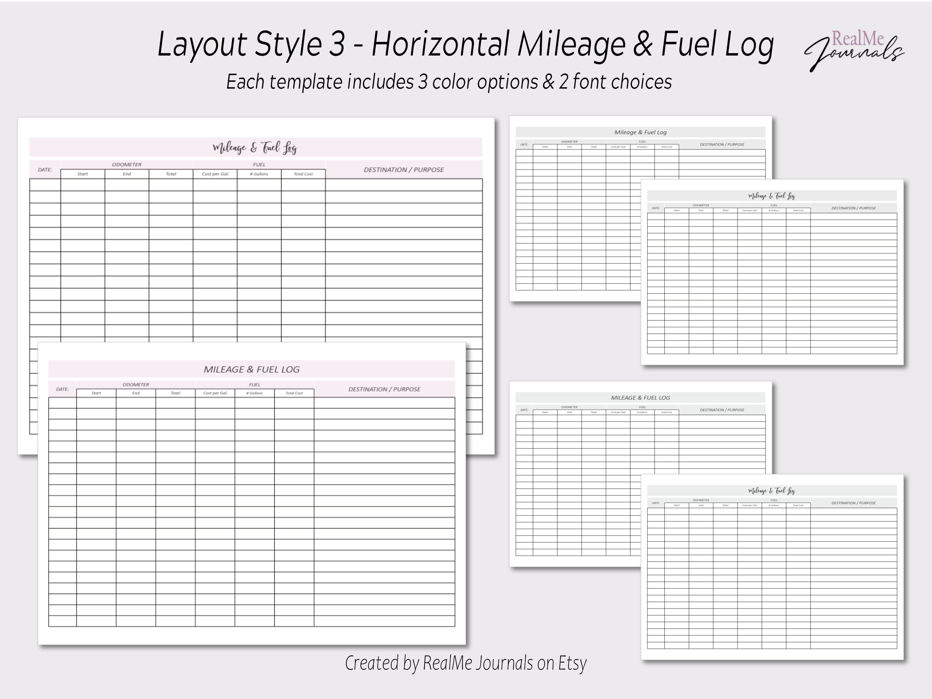 Printable Mileage Tracker Template: Fuel Log, 3 Colors (digital ...