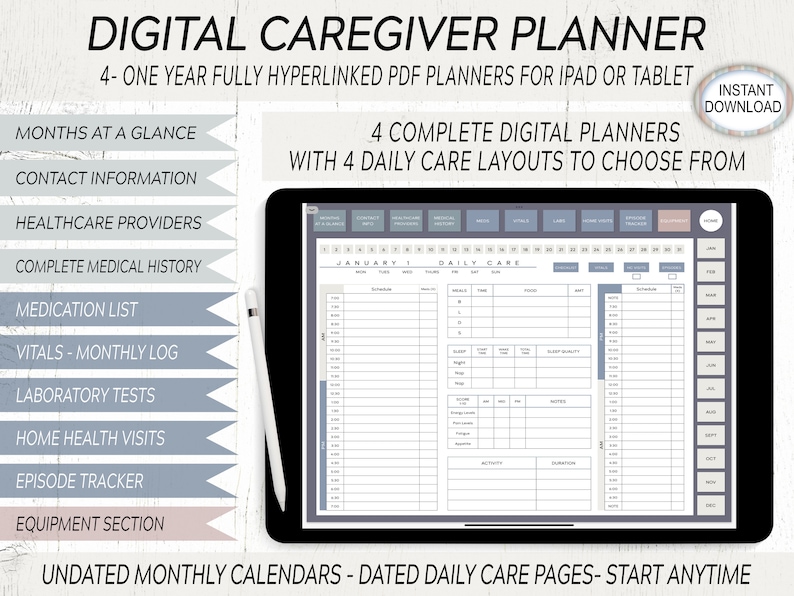 Digital Caregiver Planner: Home Health, Medical History, Vitals Log ...