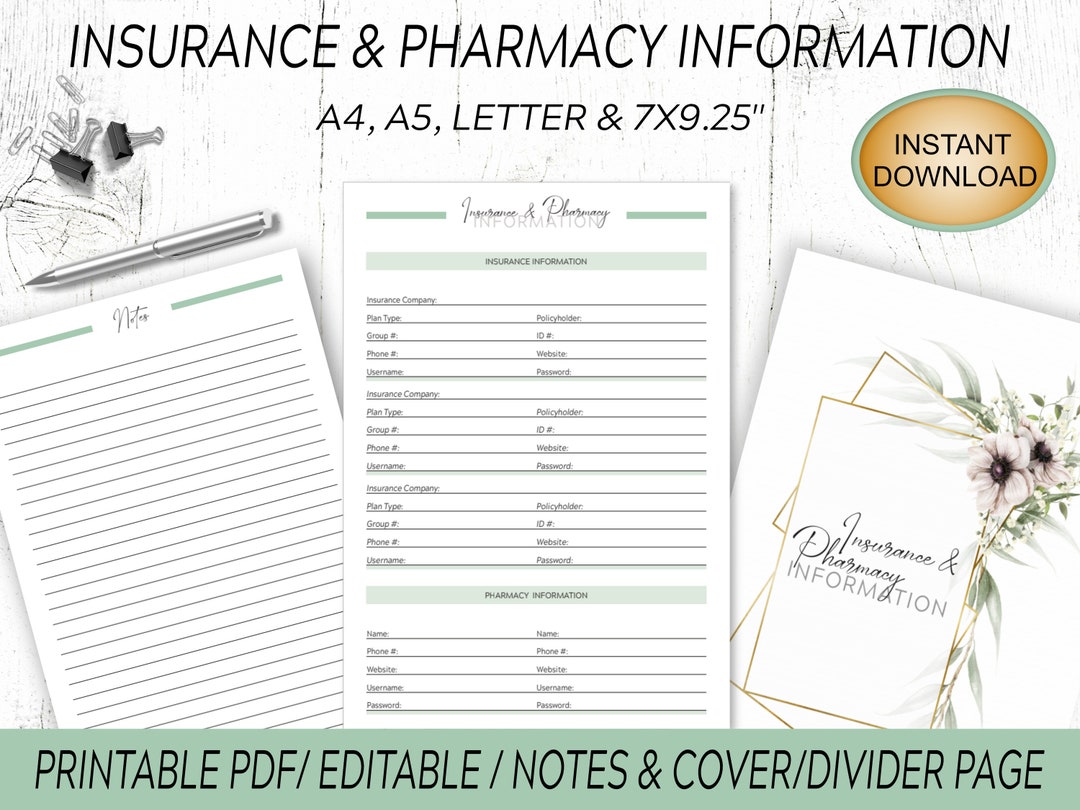 Insurance Printable / Insurance Information Tracker / Pharmacy ...