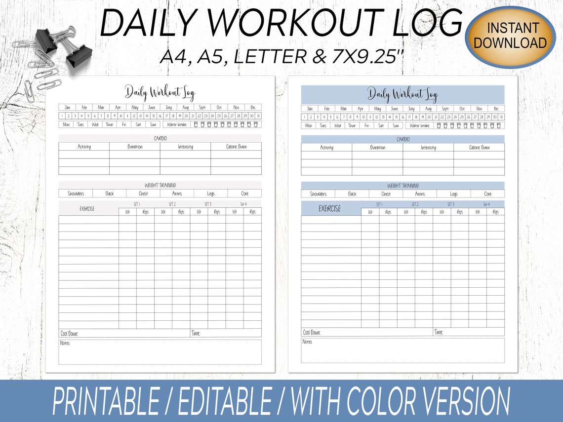 Daily Workout Log / Exercise Printable / Workout Tracker Journal ...