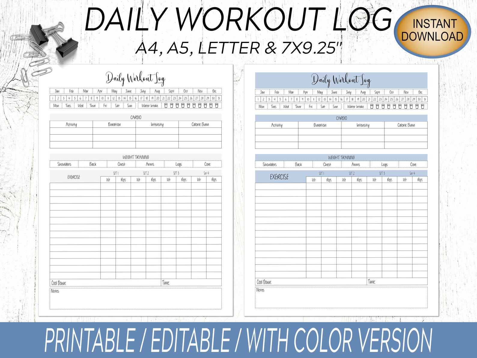 Daily Workout Log / Exercise Printable / Workout Tracker Journal ...