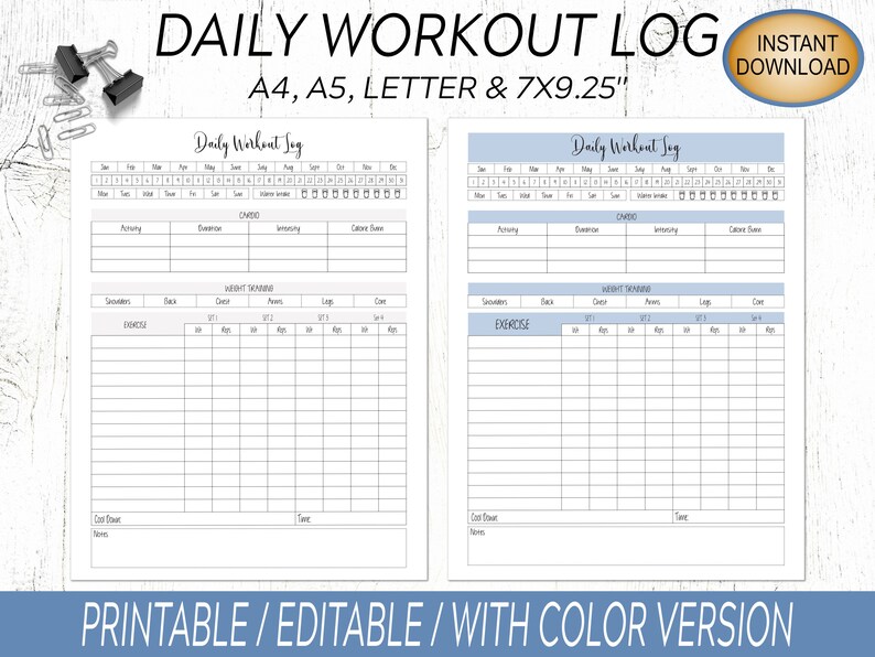 Daily Workout Log / Exercise Printable / Workout Tracker Journal ...