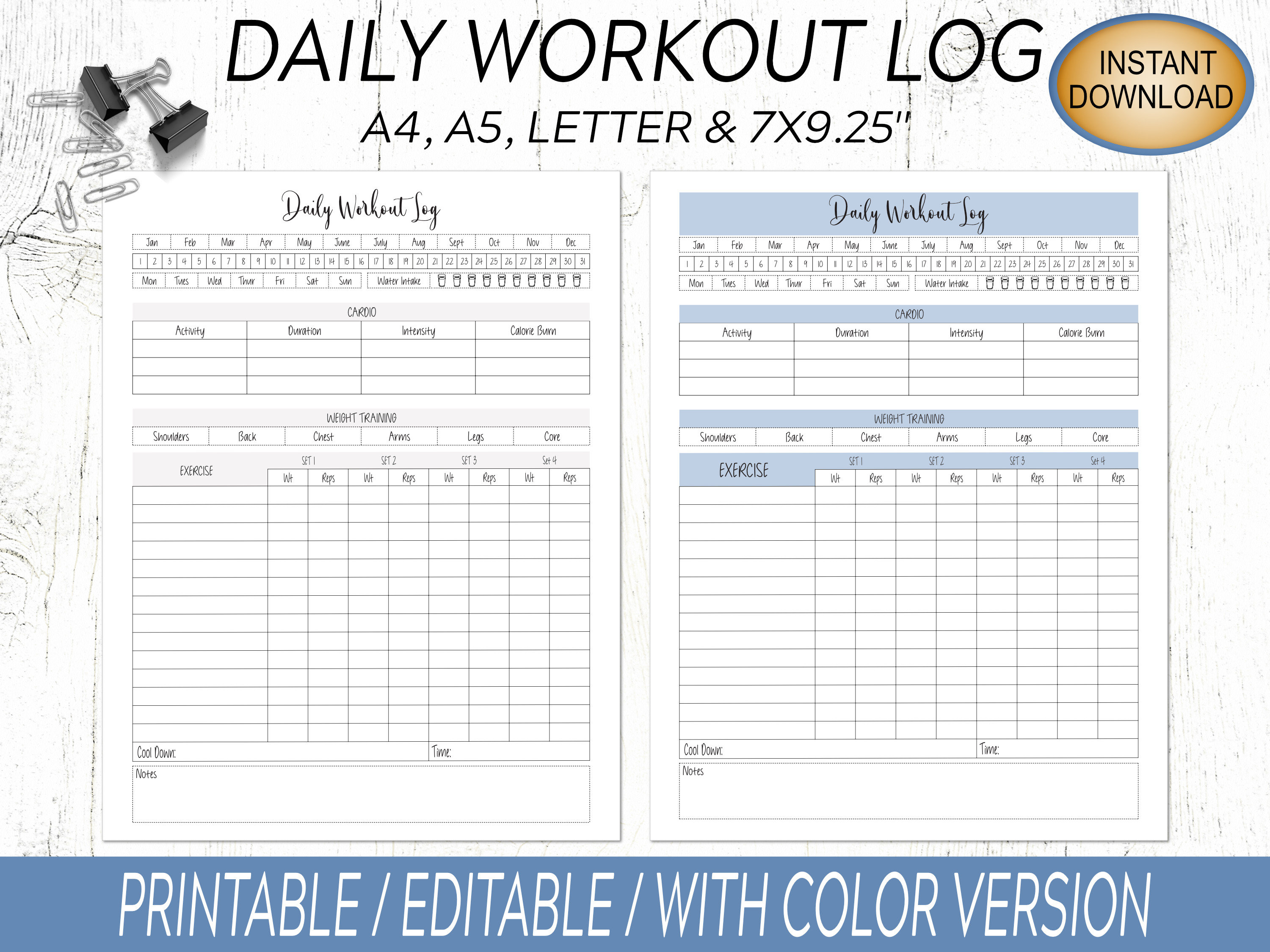 Daily Workout Log / Exercise Printable / Workout Tracker Journal ...