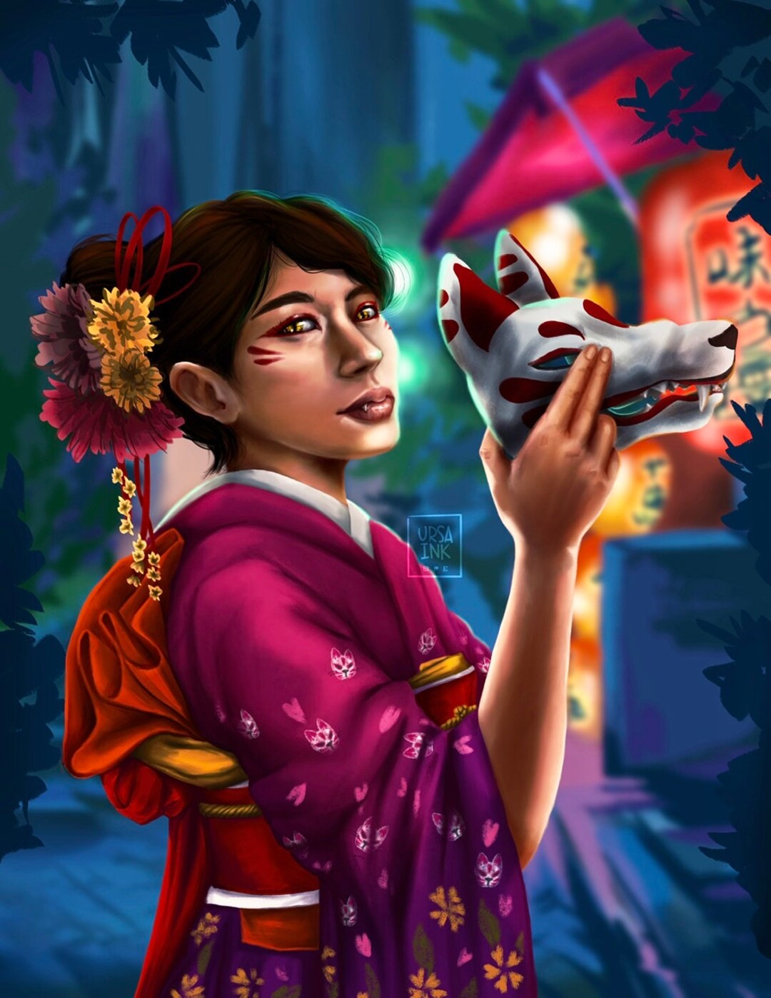 Japanese Kitsune Fox at the Night Festival - Art Print - 8x10 Print ...