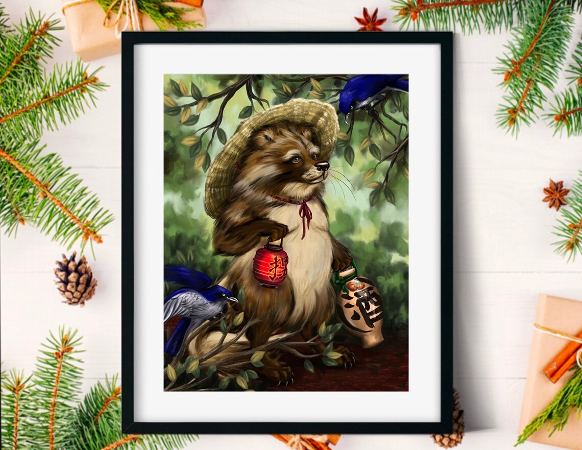 Japanese Tanuki Yokai Bake Danuki Art Print 5x7 or 8x10 | Etsy