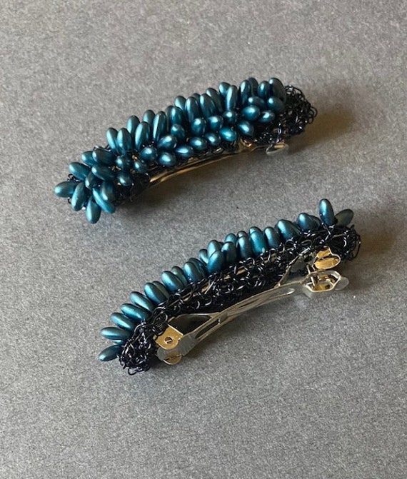 Blue Barrettes Crocheted Wire and Beads Set of 2 - Etsy