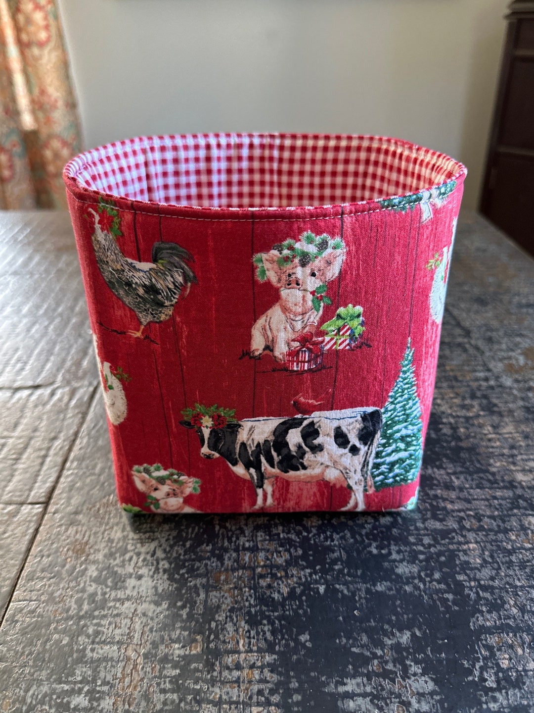 Christmas Farm Animal Bin, Fabric Storage Bin, Handmade Fabric Bin ...