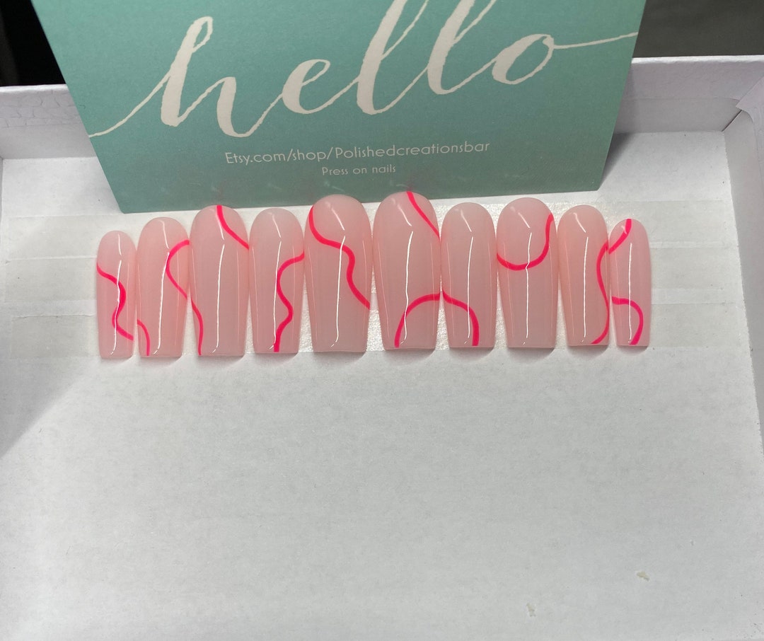 Hot Pink Lines Press on Nails - Etsy