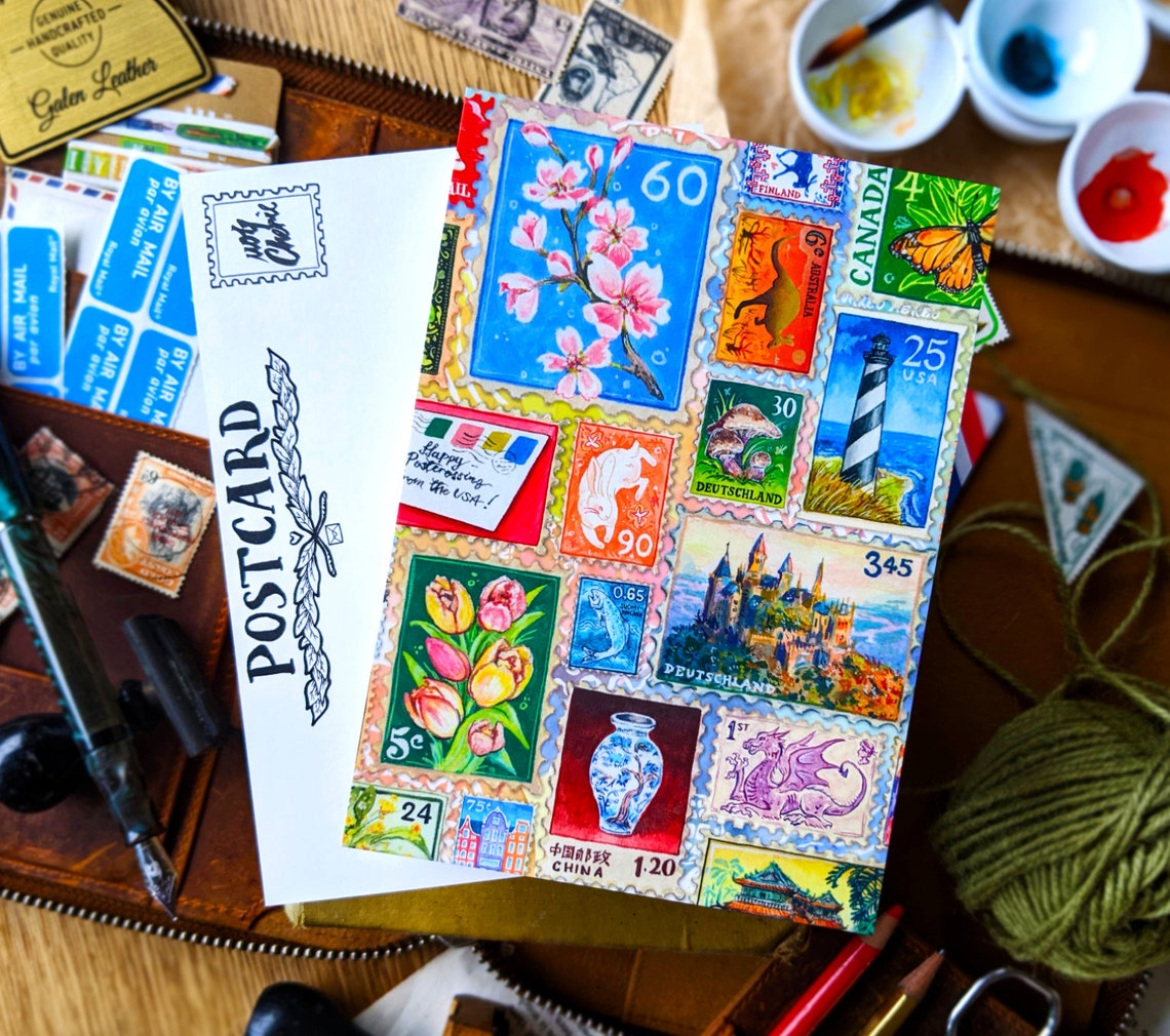 World Postage Postcards | 1-5pc | A6 | Faux Stamps Ephemera, Vintage ...