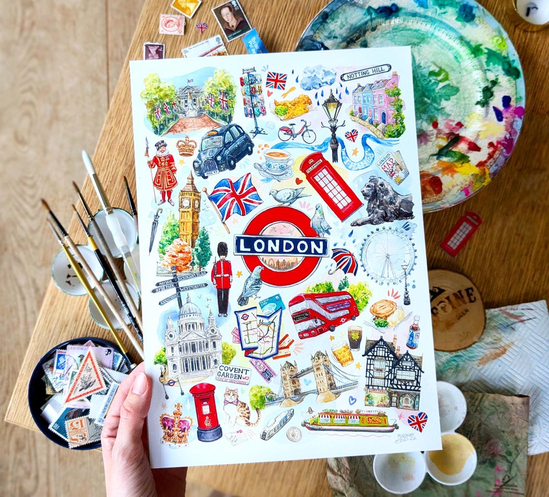 London Travel Art Print | A4 Size | Icons of London, British City Wall ...