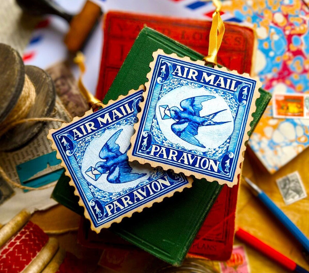 Airmail Postage Stamp Ornament | Vintage Style Birch Wood Decoration - Etsy