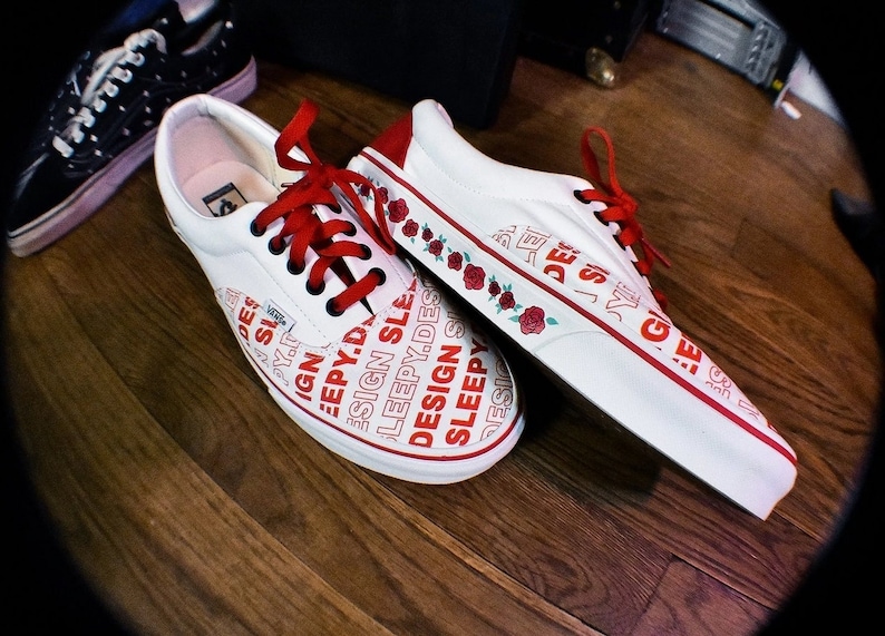 Custom Sneakers White & Red Floral Custom Vans With Roses and - Etsy