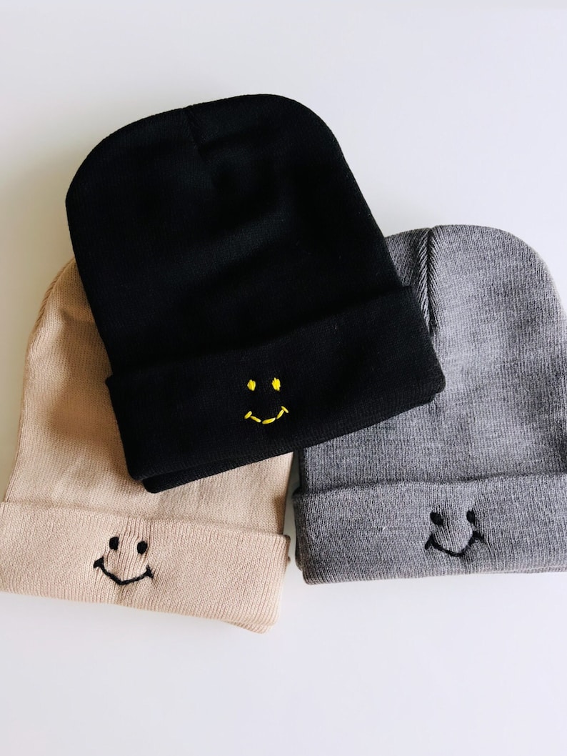 Embroidered Smiley Face Beanie - Etsy