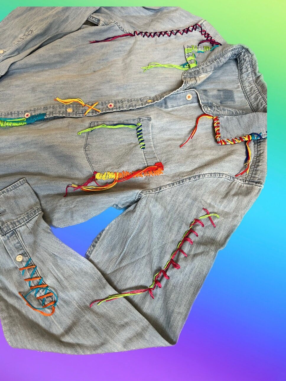 Hand Embroidered Strings Light Washed Denim Button Down - Etsy