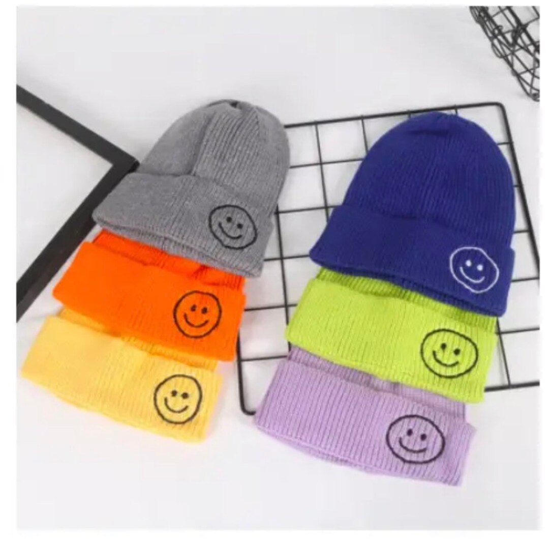 Embroidered Smiley Face Beanie - Etsy