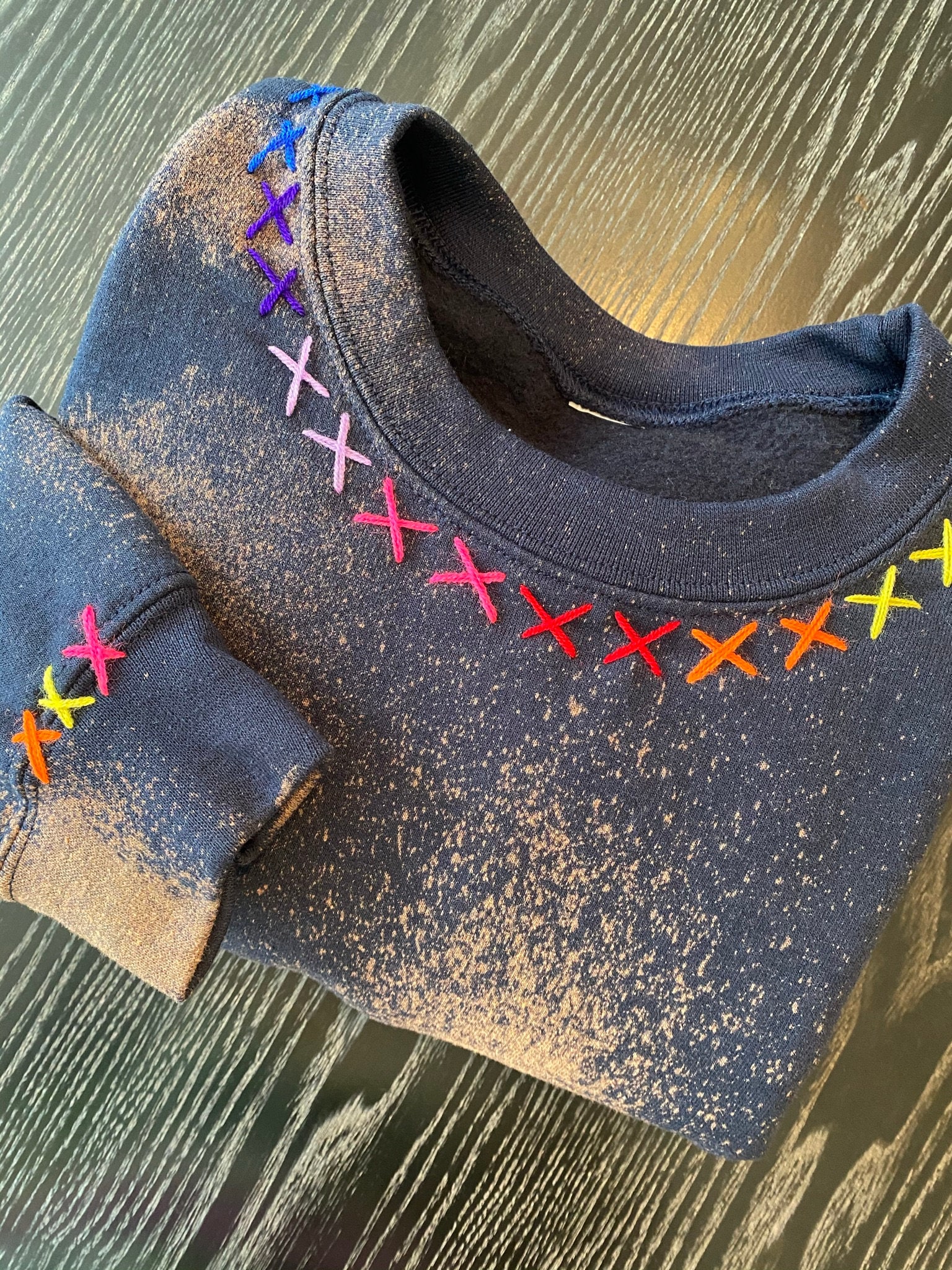 Bleached Out Navy Crew Neck With Hand Embroidered Rainbow Stitching - Etsy