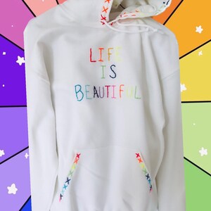 Hand Embroidered Life is Beautiful White Hoodie - Etsy