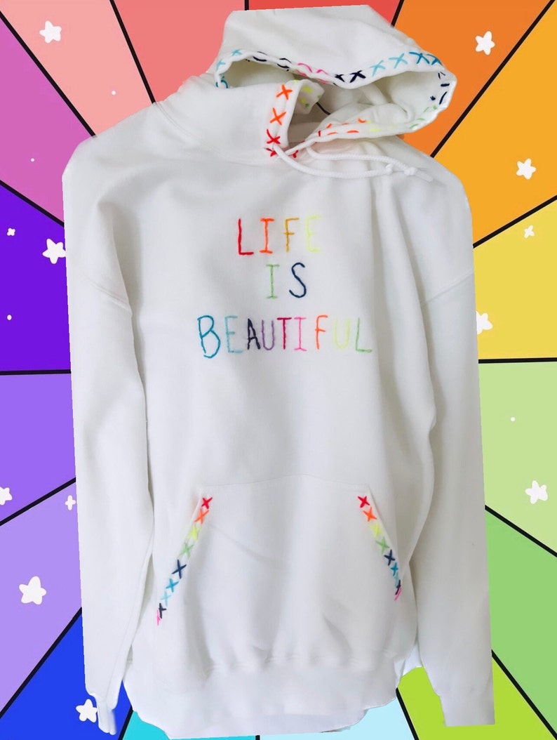 Hand Embroidered Life is Beautiful White Hoodie - Etsy