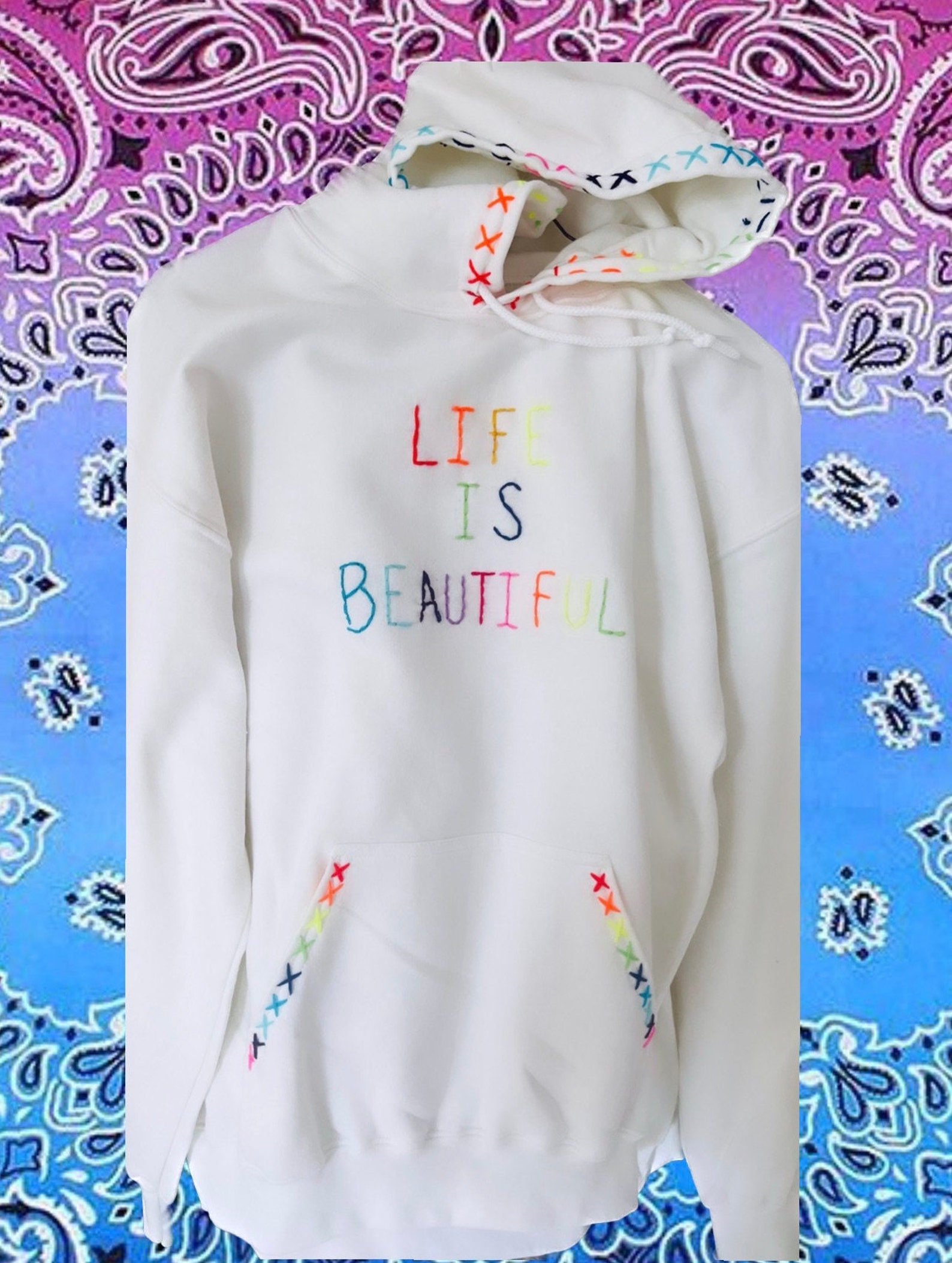 Hand Embroidered Life is Beautiful White Hoodie - Etsy