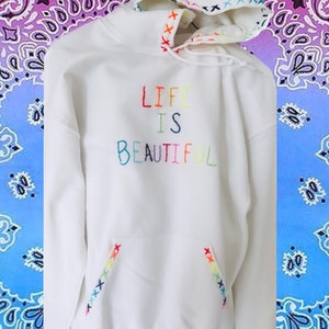 Hand Embroidered Life is Beautiful White Hoodie - Etsy
