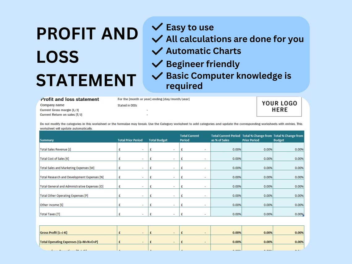 Profit and Loss Statement Template, Microsoft Excel Spreadsheet ...