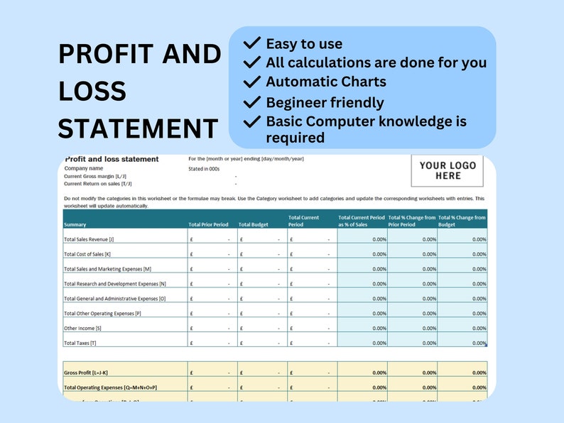 Profit and Loss Statement Template, Microsoft Excel Spreadsheet ...