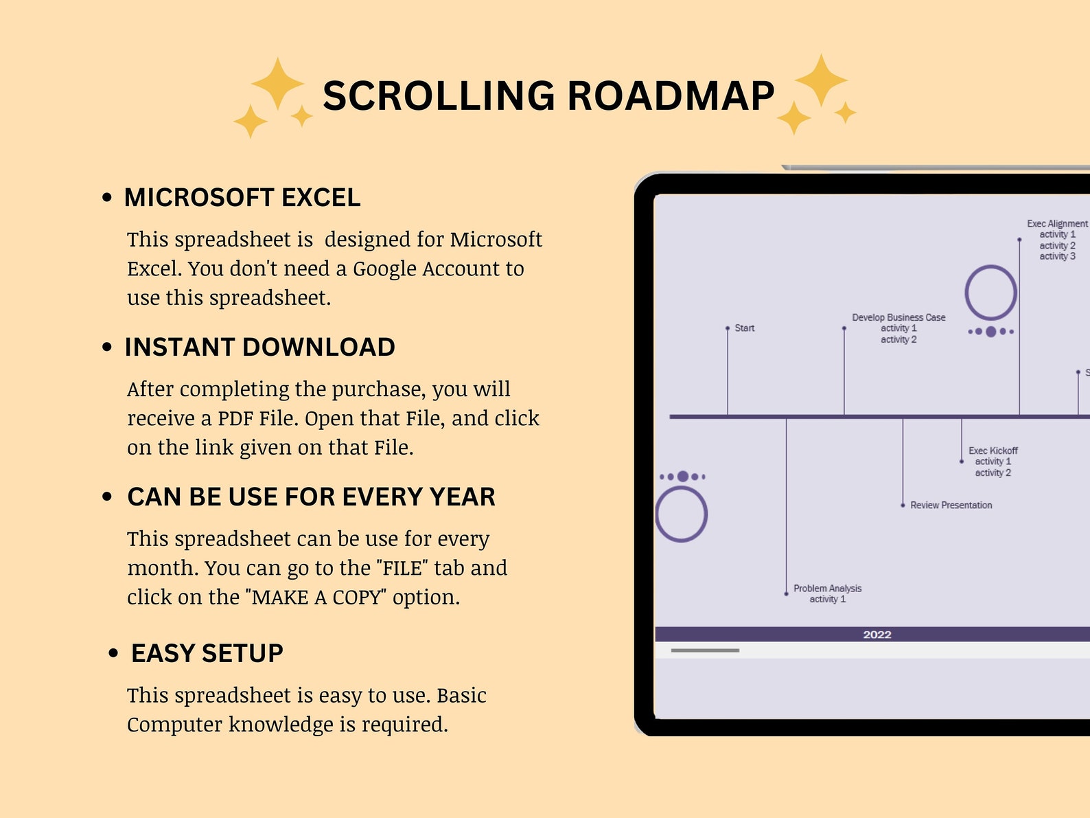 Scrolling Roadmap Excel Sheet | Project Tracker | Project Management ...