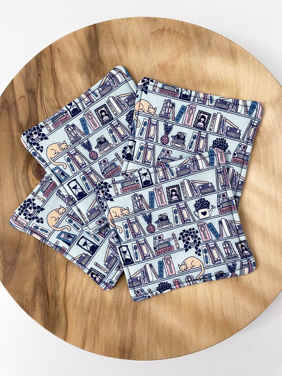 Bookshelf Cats Cotton Fabric Coasters SET OF 4 Handmade Reusable Eco ...